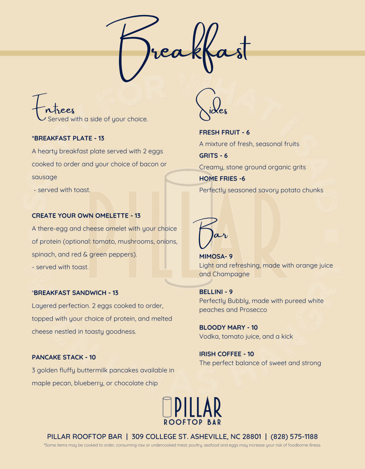Food + Drink Menus at Pillar - an Asheville Rooftop Bar