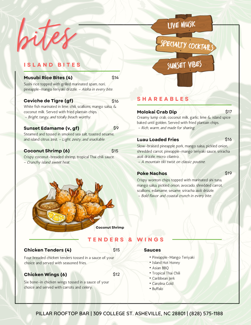 Food + Drink Menus at Pillar - an Asheville Rooftop Bar